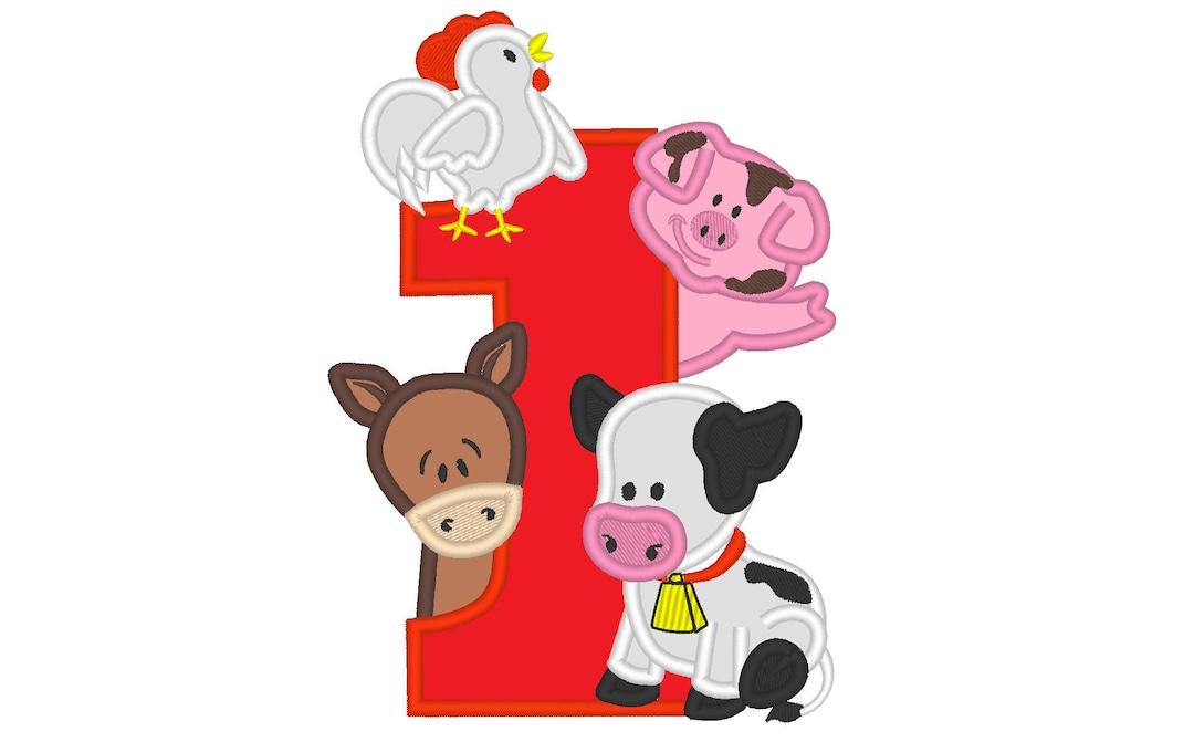 Farm Birthday Number ONE 1 With Cow, Pig, Horse and Rooster - Cute Farm ...