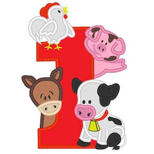 Farm Birthday Number ONE 1 With Cow, Pig, Horse and Rooster - Cute Farm ...
