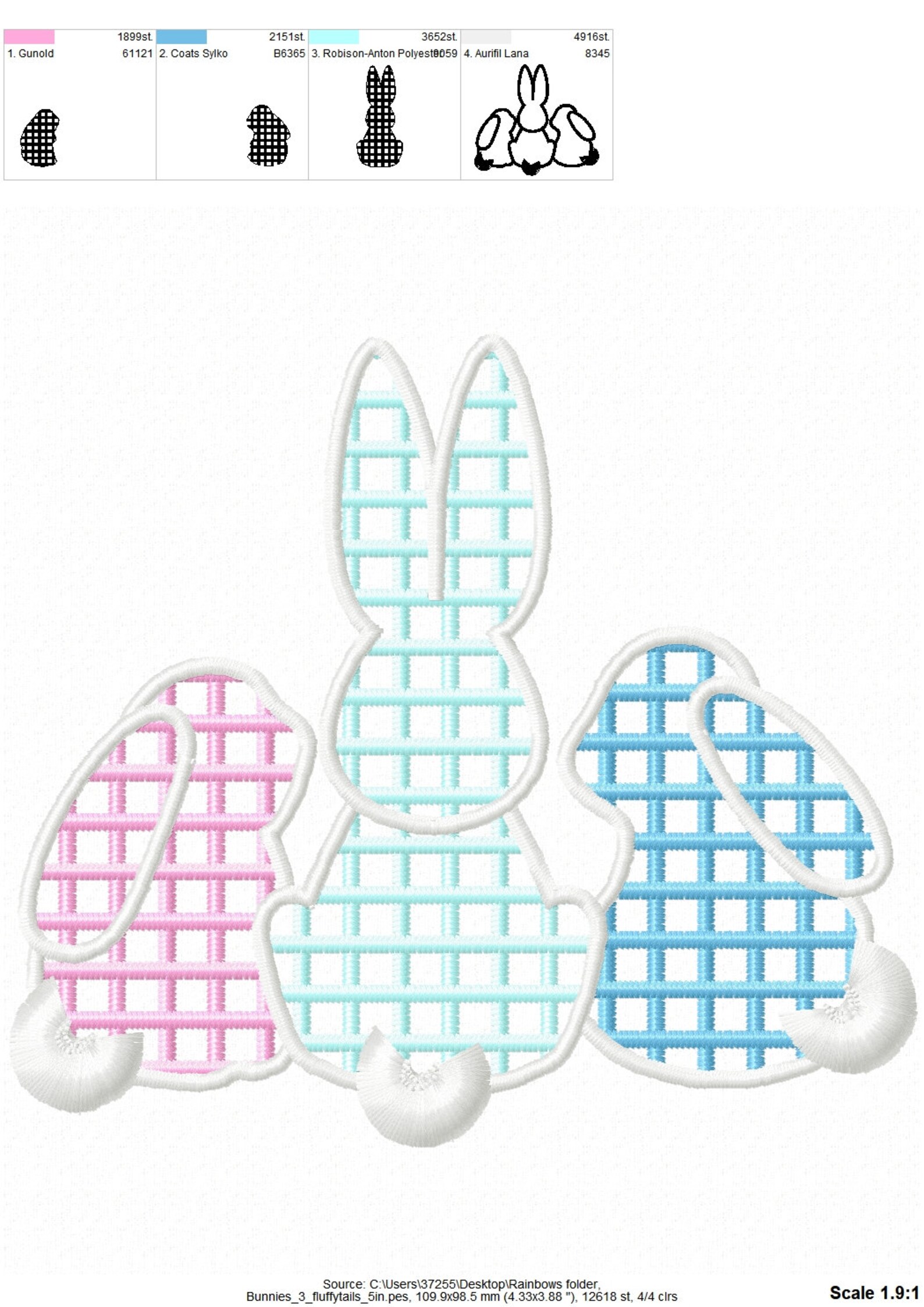 Triple Three Bunnies in a Row Fringed Fluffy Tail Cute Checkered Easter ...