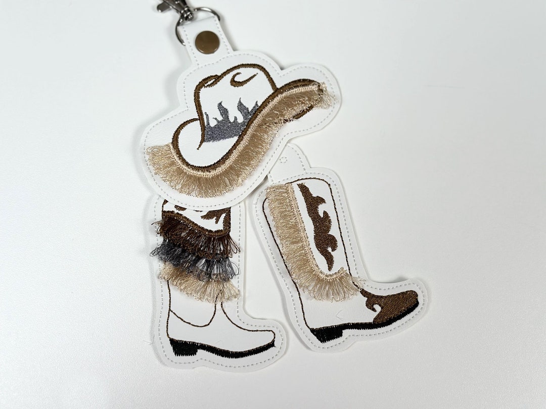 Fringed Hot Cowboy Boots and Hat Key Fob Snap Tab and Eyelet SET of 3 ...