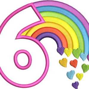 Cute Rainbow Birthday Number 6 SIX Machine Embroidery Applique Designs ...