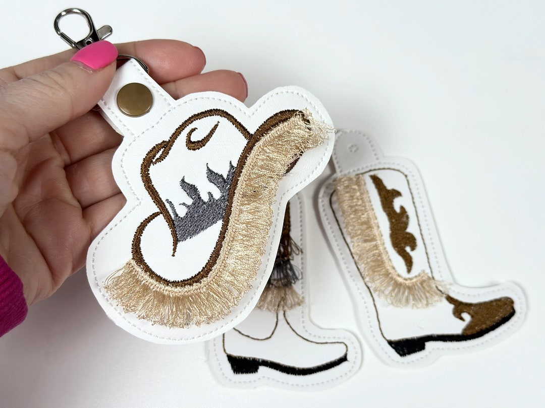 Fringed Hot Cowboy Boots and Hat Key Fob Snap Tab and Eyelet SET of 3 ...