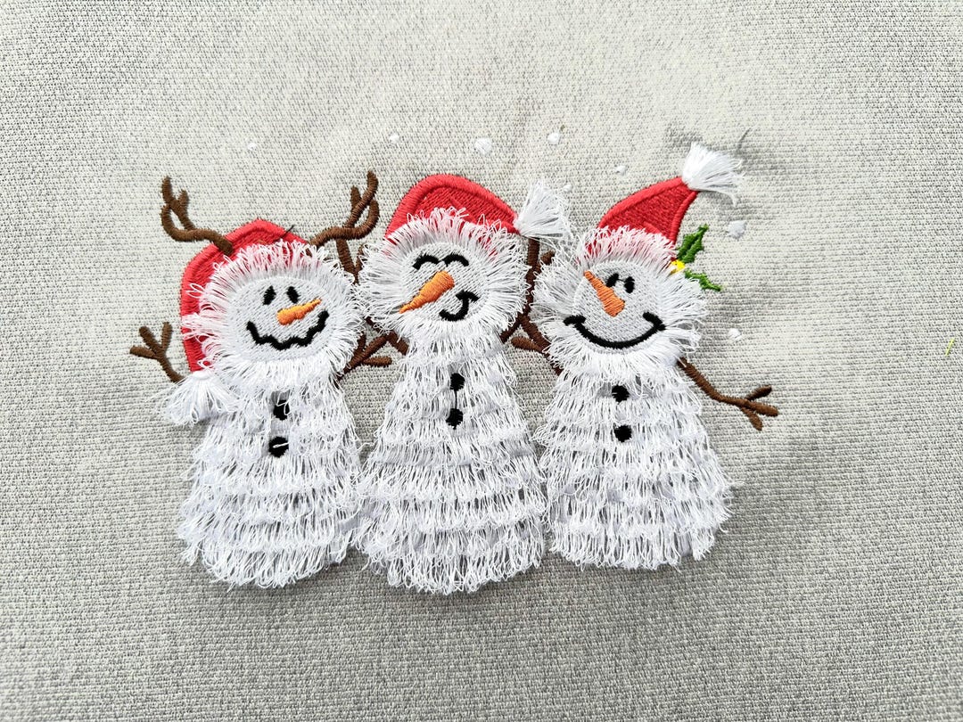 Fringed Fluffy Snowman Trio Friends Three Snowmen in a Row Machine ...