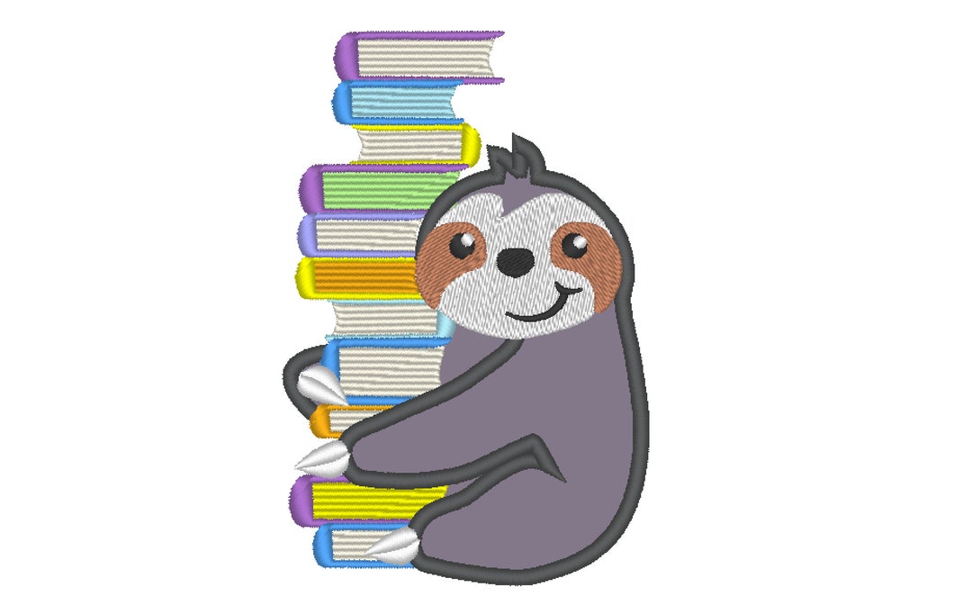 Sloth With Books, Reading Books Sloth, Stack of Books, Sloth Applique ...