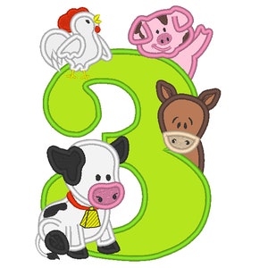 Farm Birthday Number THREE 3 With Cow, Pig, Horse and Rooster - Cute ...