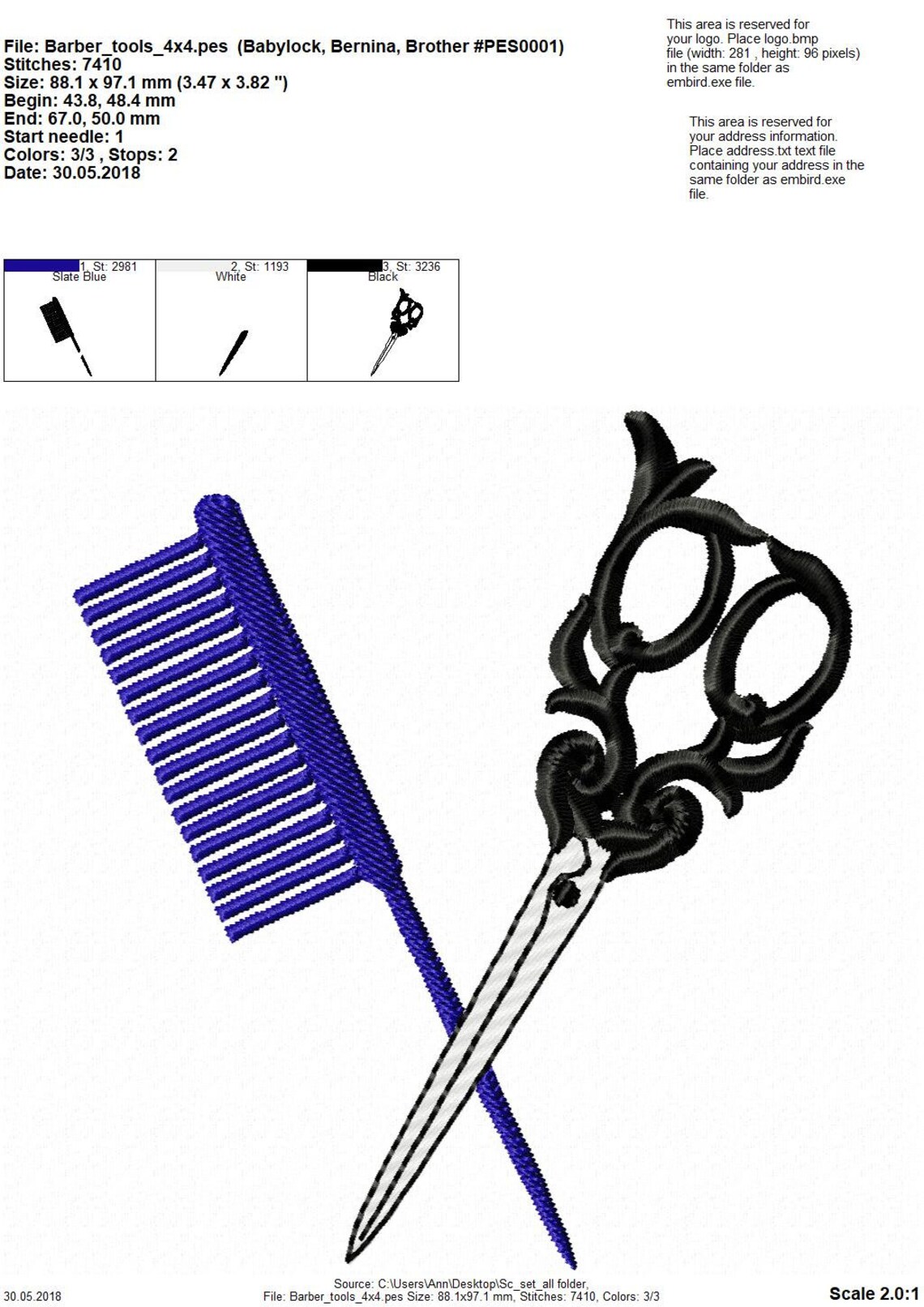 Barber, Hairdresser, Cross Scissors and Comb Embroidery Design Scissors ...