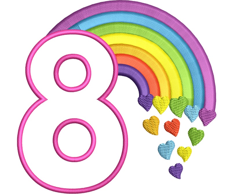 Cute Rainbow Birthday Number 8 EIGHT Machine Embroidery Applique ...