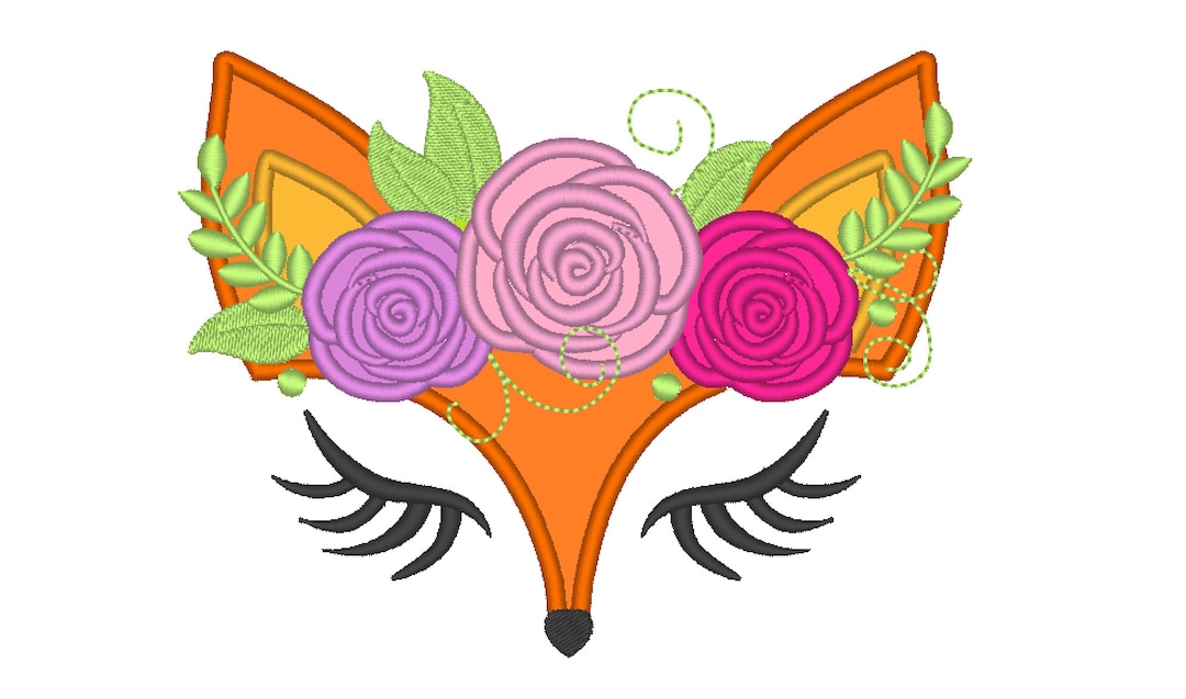 Pretty Eyes Fox Face With Shabby Chick Roses Crown Applique Machine ...