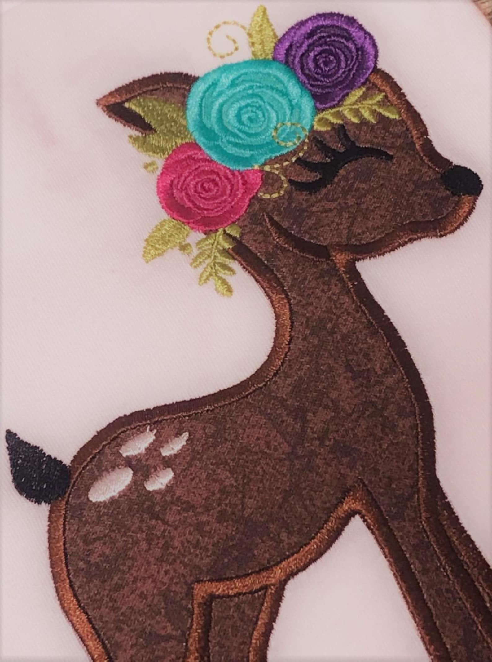 Little Baby Deer Fawn With Flowers Floral Crown Roses Applique Design ...