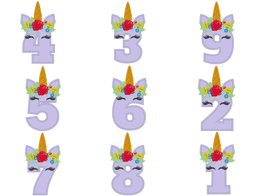 Unicorn Numbers With Flowers Crown Unicorn Birthday Numbers Applique ...