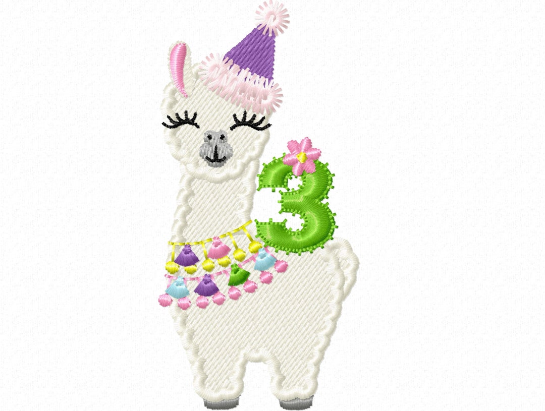 3 Inches Fill Stitch Number 3 THREE Birthday Llama Alpaca Birthday Hat ...