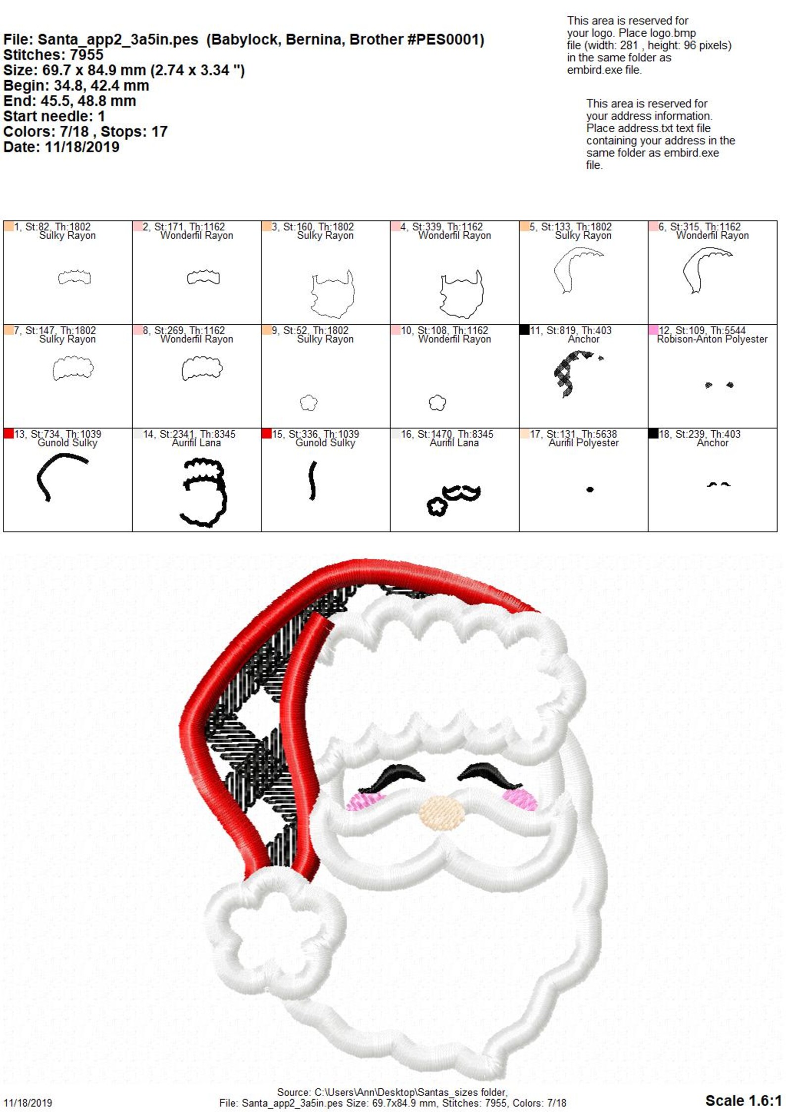 Santa Claus Face Santa Hat Applique Design - Machine Embroidery Design ...