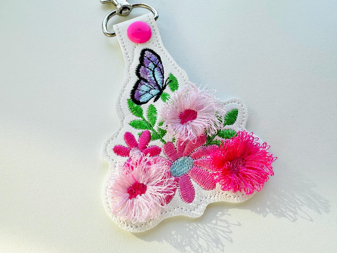 Floral Flower Garden and Butterfly Eyelet and Key Fob Snap Tab Fringed ...