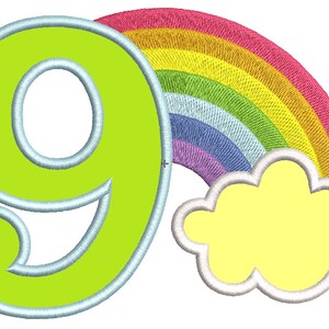 Rainbow in Cloud Birthday Number 9 NINE Machine Embroidery Applique ...