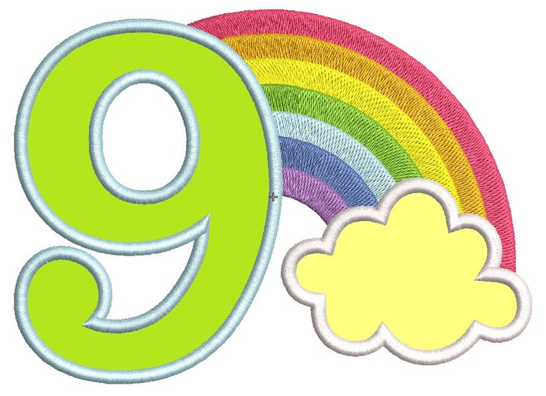 Rainbow in Cloud Birthday Number 9 NINE Machine Embroidery | Etsy