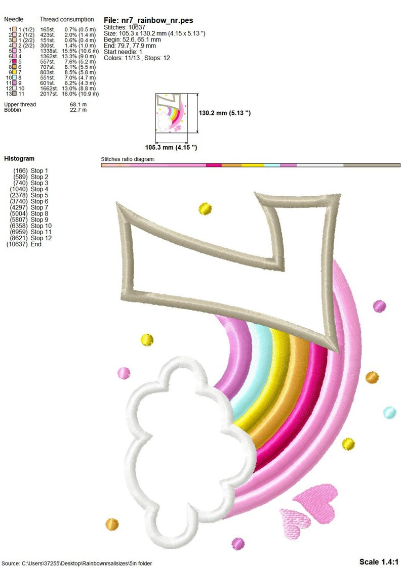 Cute Rainbow Birthday Number 7 SEVEN Machine Embroidery | Etsy