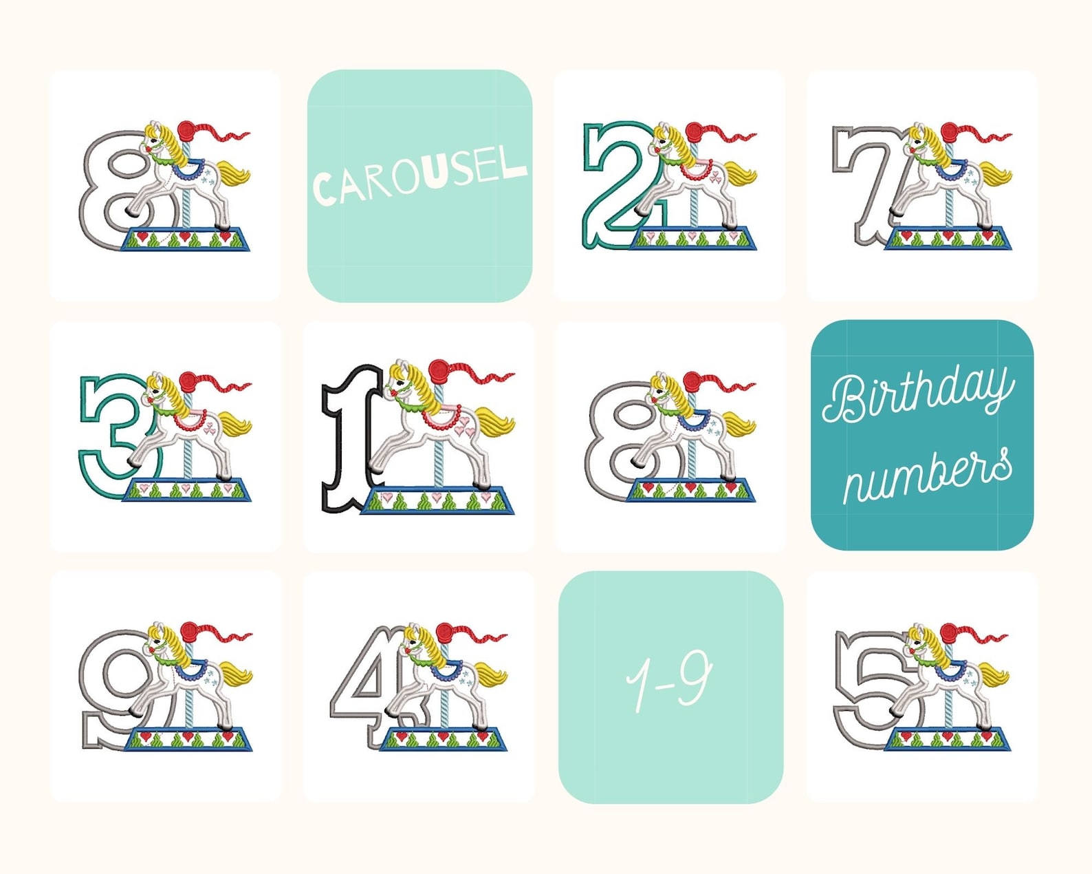 Carousel Horse Rearing Horse Birthday Numbers Set 1-9 Monogram | Etsy