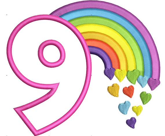 Cute Rainbow Birthday Number 9 NINE Machine Embroidery | Etsy