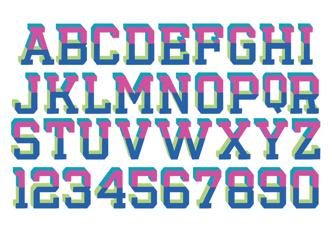 Block Varsity Collegiate Split Multicolored Font Fill Stitch 4 Color ...
