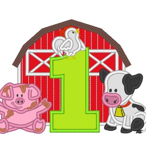 Farm Barn Animals Birthday Number ONE 1 With Barn Cow Pig Rooster Cute ...