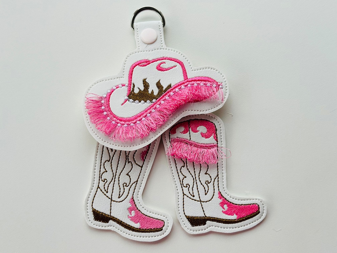 Pretty Cowgirl Cowboy Boots and Hat Pink Key Fob Snap Tab and Eyelet ...
