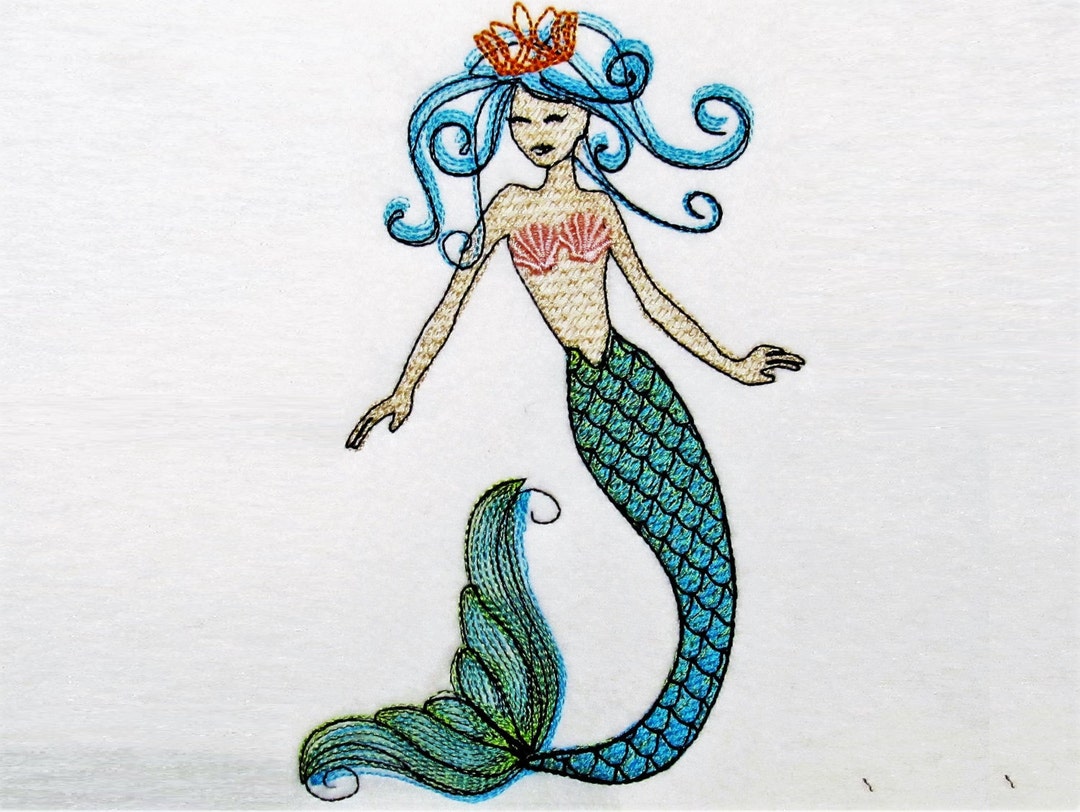 Mermaid Sketch Stitch Outline Bean Triple, Lock Stitch Embroidery ...