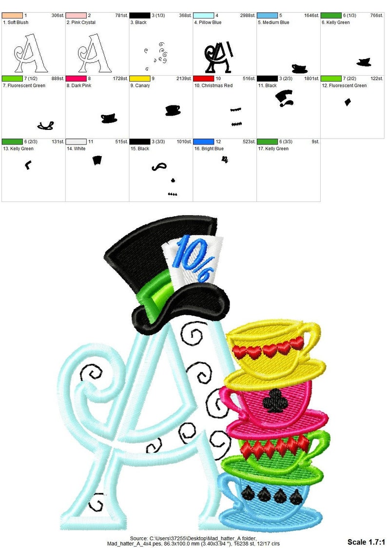 Letter A Mad Hatter Tea Party 4x4 Machine Embroidery Designs | Etsy