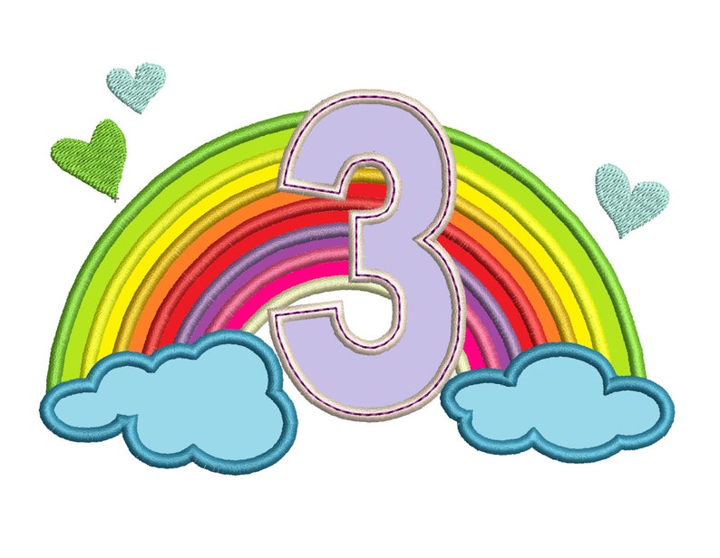 Cute Rainbow Birthday Number 3 Three Only Machine Embroidery Applique ...