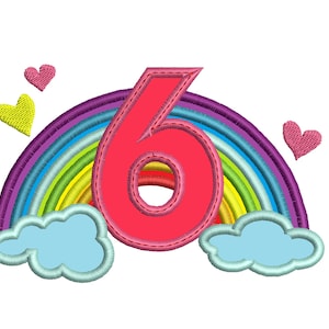 Cute Rainbow Birthday Number 6 SIX Only Machine Embroidery Applique ...