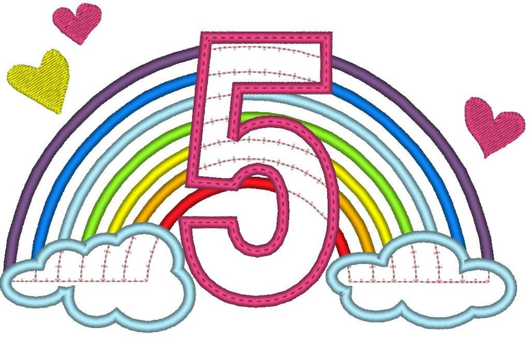 Cute Rainbow Birthday Number 5 FIVE Only Machine Embroidery Applique ...
