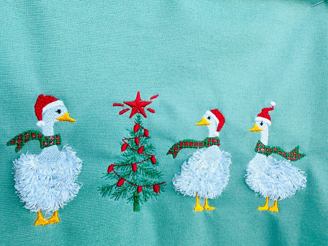 Merry Fringed Geese Row and Christmas Tree Fluffy Goose Duck Farm Bird ...