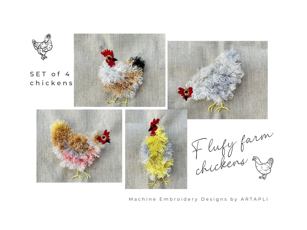SET of 4 Fluffy Chicken Fringed Fluffy Chenille Farm Bird Small Machine ...