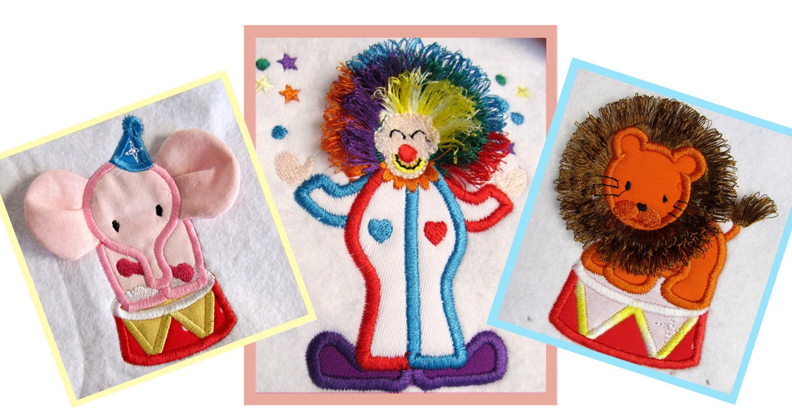 Circus - SET of 3 Single Designs - Clown, Lion, Elephant - Fringed ...