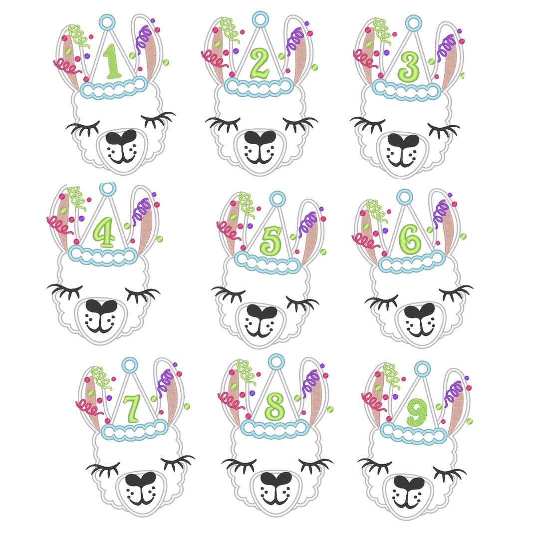 Llama Alpaca Birthday Hat Number Set 1 - 9 Applique Designs Lama ...