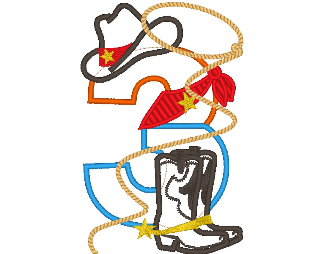 Little Cowboy Birthday Number 3 THREE Wide Satin Stitch Applique ...