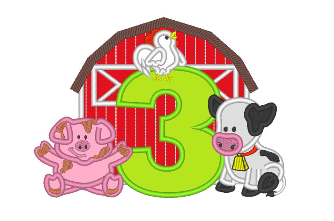 Farm Barn Animals Birthday Number THREE 3 With Cow, Pig, Rooster Cute ...