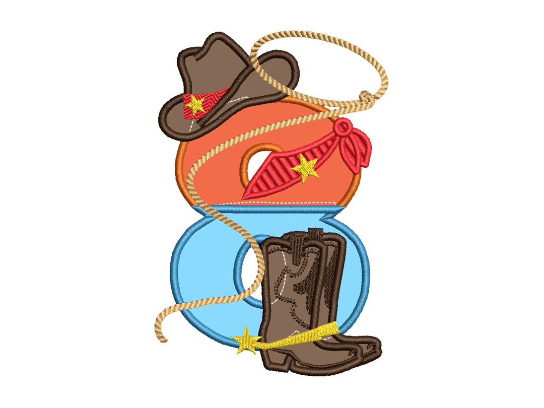 Little Cowboy Birthday Number 8 EIGHT Wide Satin Stitch Applique ...