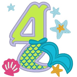 Mermaid Tail Birthday Number, Mermaid Number FOUR 4 Applique, Mermaid ...