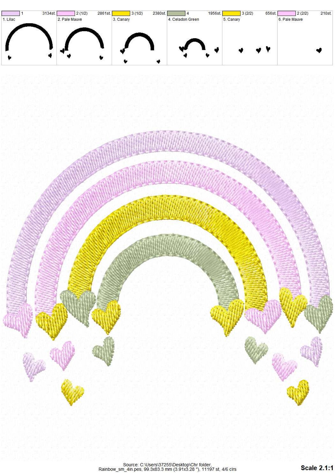 Mini Fill Stitch Rainbow in Many Sizes, Outline Rainbow With Falling ...