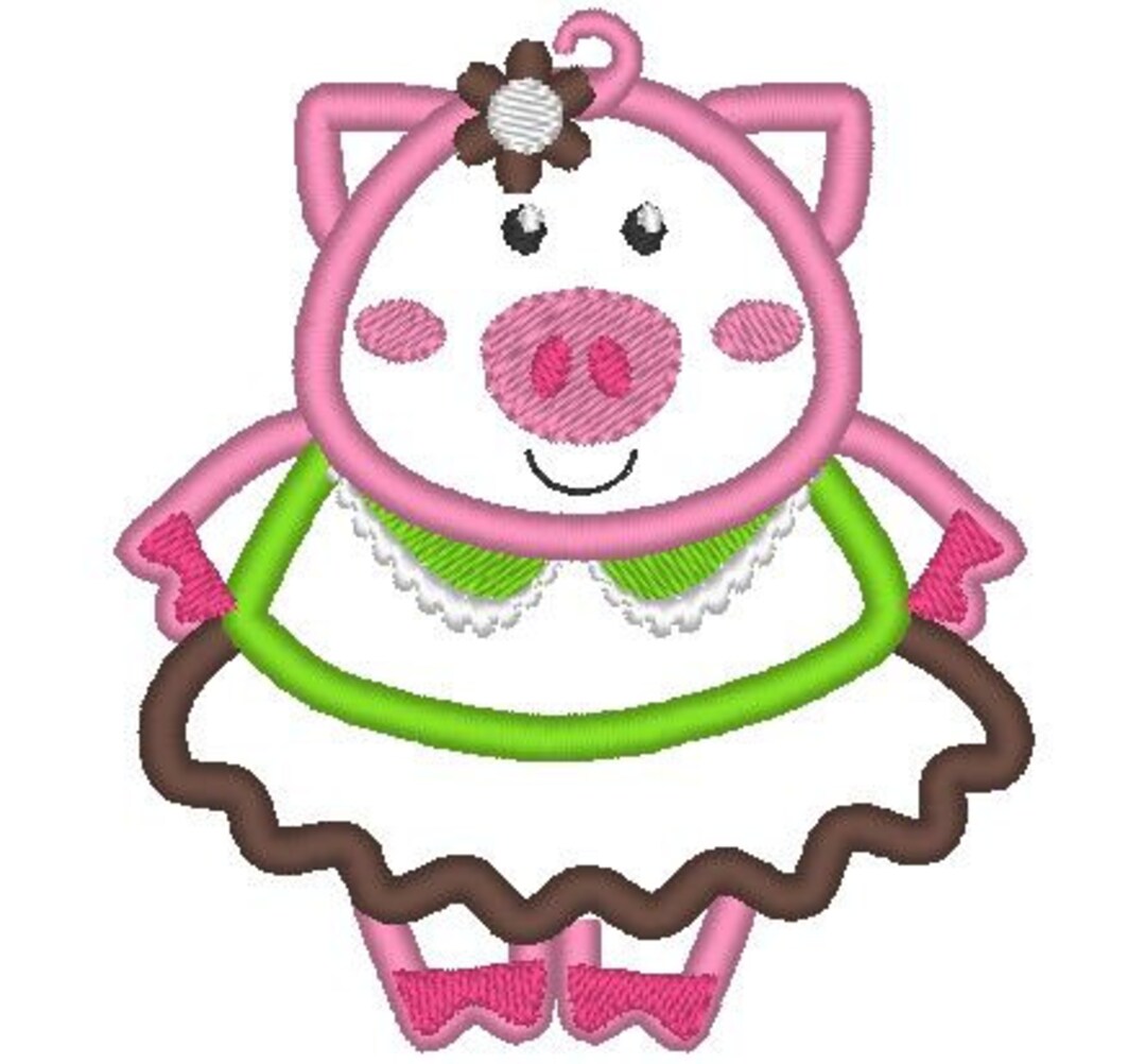 Girly Piggy Piggie Pig Girl in a Dress Pretty Cute Miss Piglet Applique ...
