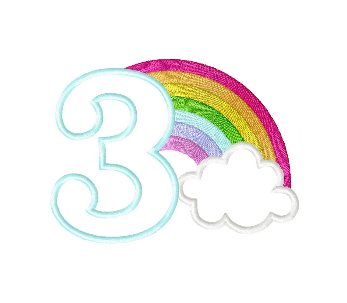 Rainbow in Cloud Birthday Number 3 THREE Machine Embroidery Applique ...
