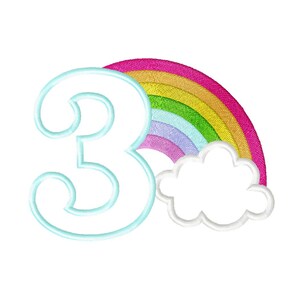Rainbow in Cloud Birthday Number 3 THREE Machine Embroidery Applique ...
