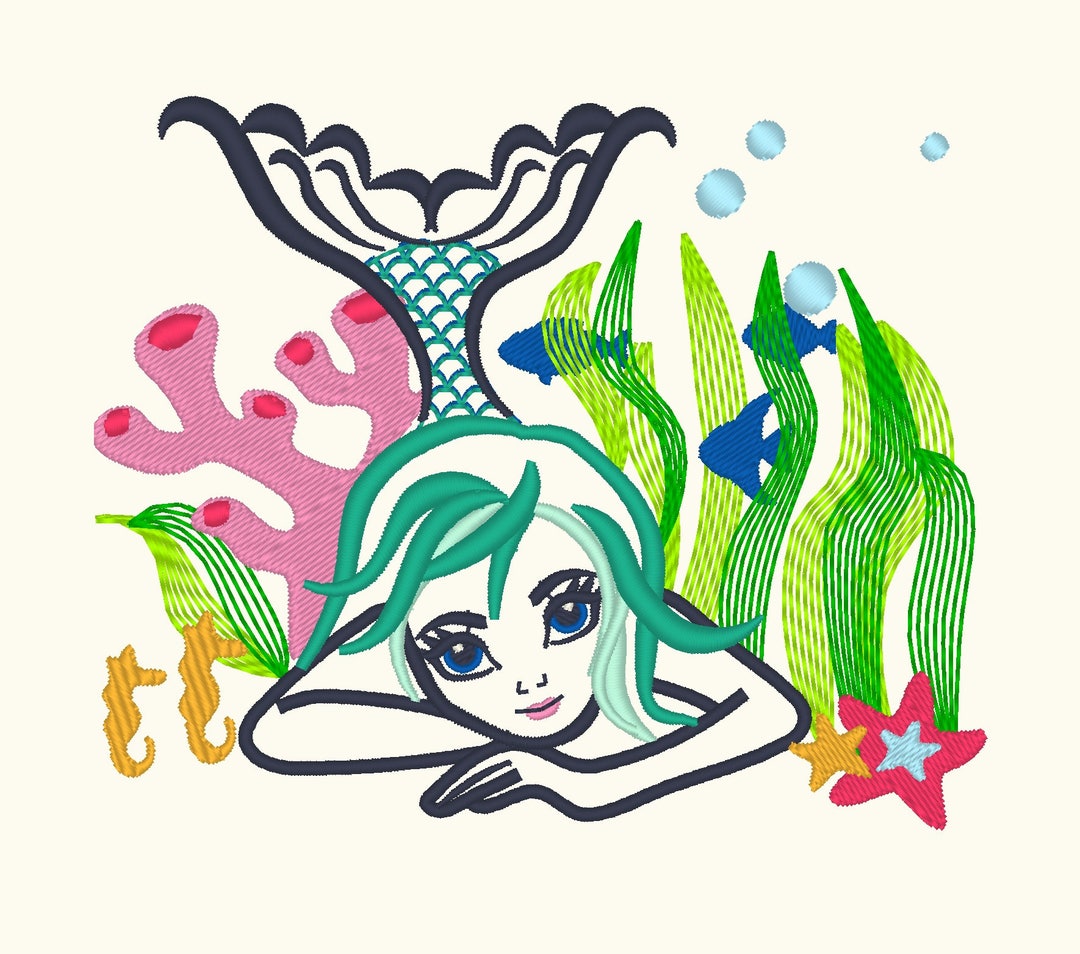 Colorful Mermaid Embroidery Design, Outline Design, Mermaid Embroidery ...