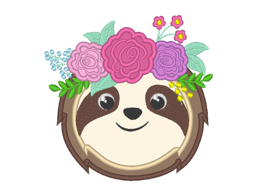 Sloth Face, Pretty Eyes Sloth, Sloth With Roses Floral Crown Applique ...