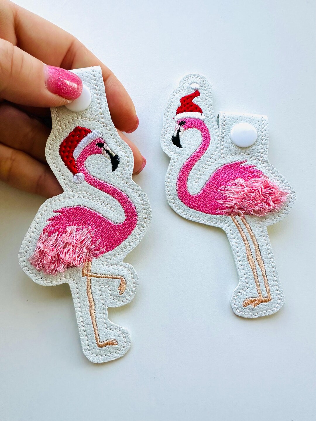 Fringed Flamingo Christmas Santa Keychain Key Fob Snap Tab and Eyelet ...