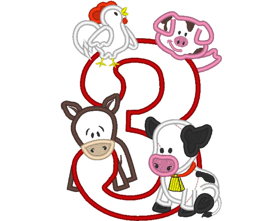 Farm Birthday Number THREE 3 With Cow Pig Horse and Rooster - Cute Farm ...