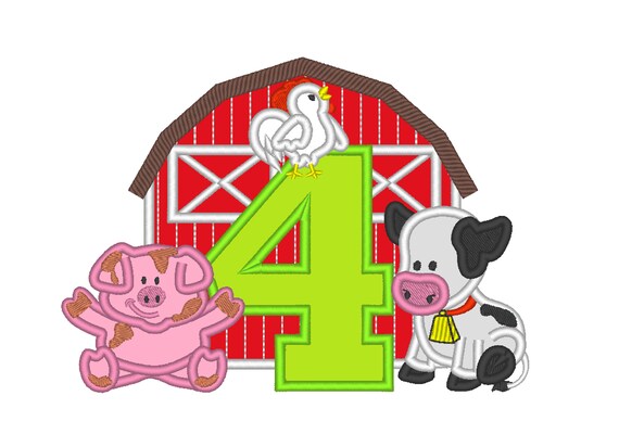 Farm Barn Animals Birthday Number FOUR 4 With Barn Cow Pig | Etsy