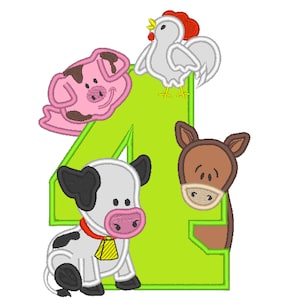 Farm Birthday Number FOUR 4 With Cow, Pig, Horse and Rooster, Cute Farm ...