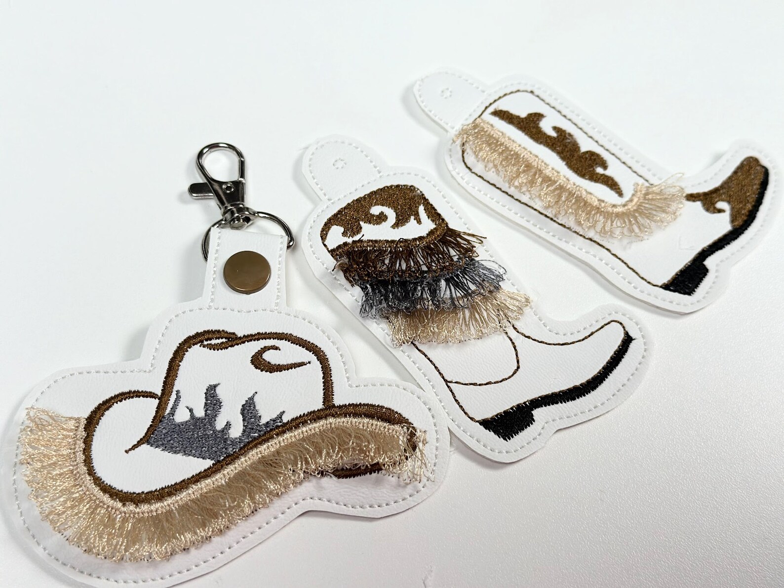 Fringed Hot Cowboy Boots and Hat Key Fob Snap Tab and Eyelet SET of 3 ...