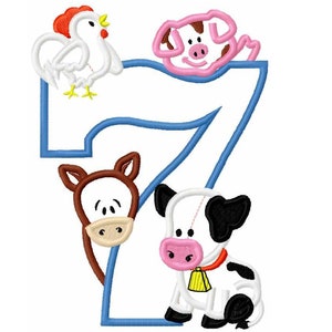 Farm Birthday Number SEVEN 7 With Cow, Pig, Horse and Rooster Cute Farm ...
